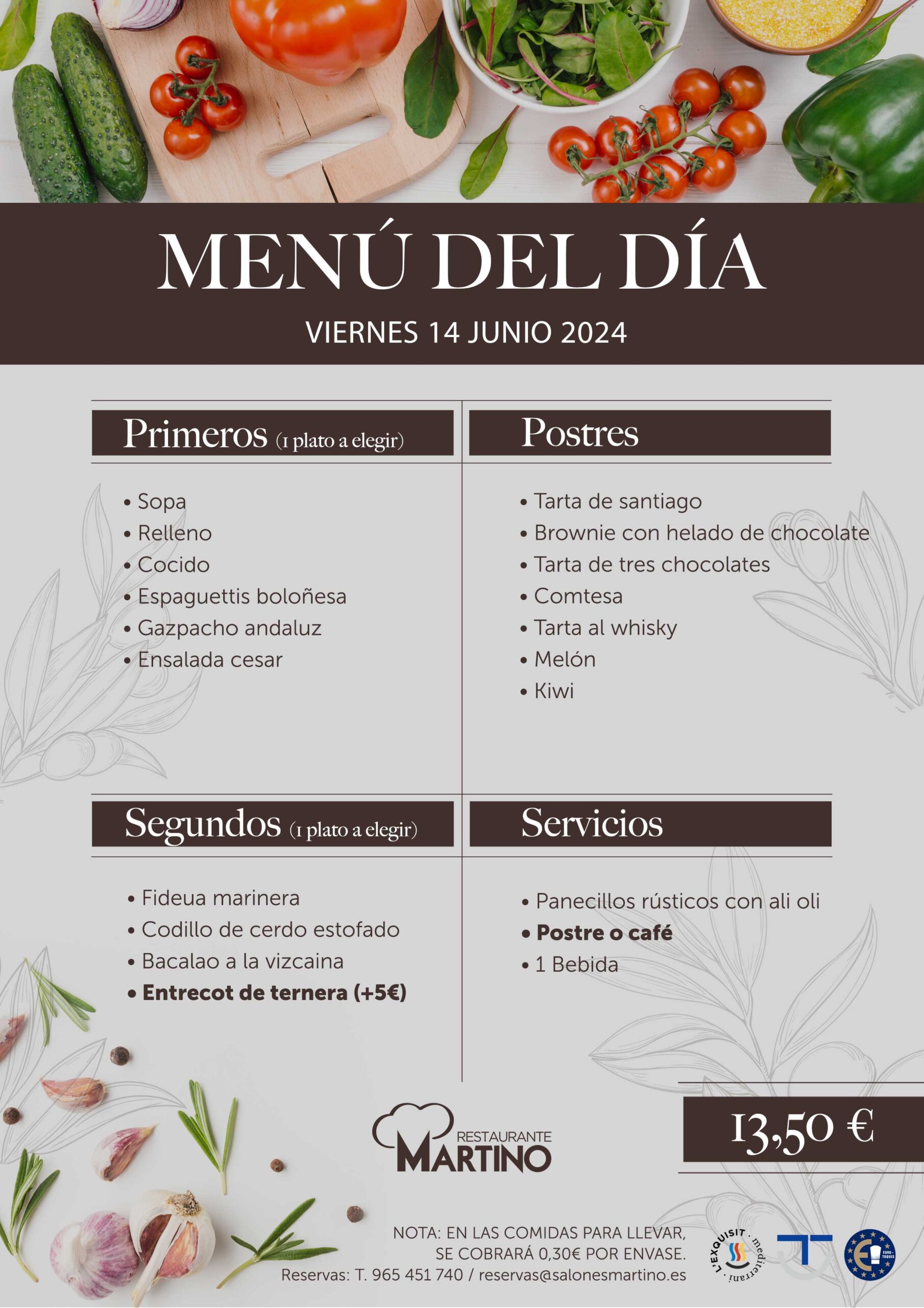 Menú del dia - Restaurante Martino Elche
